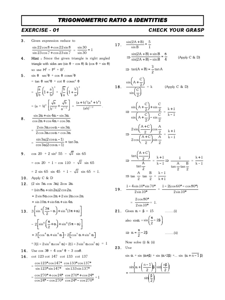 Trigonometric Identities and Exercises | PDF | Trigonometric Functions ...
