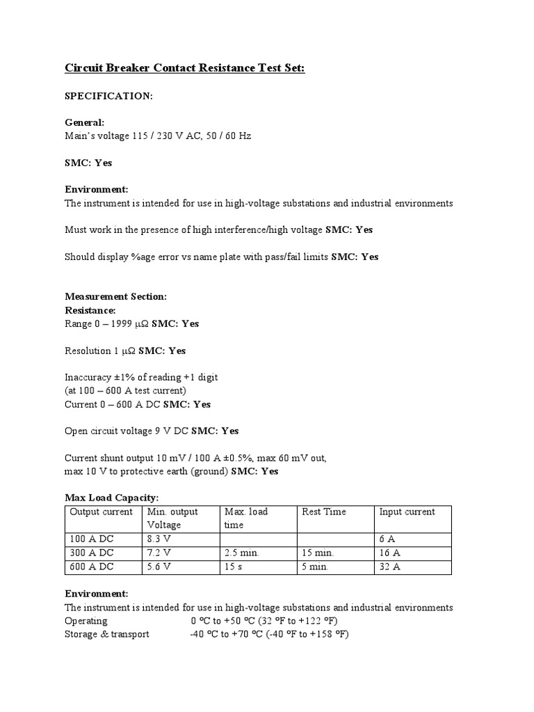 Circuit Breaker Resistance Test Set Specs | PDF