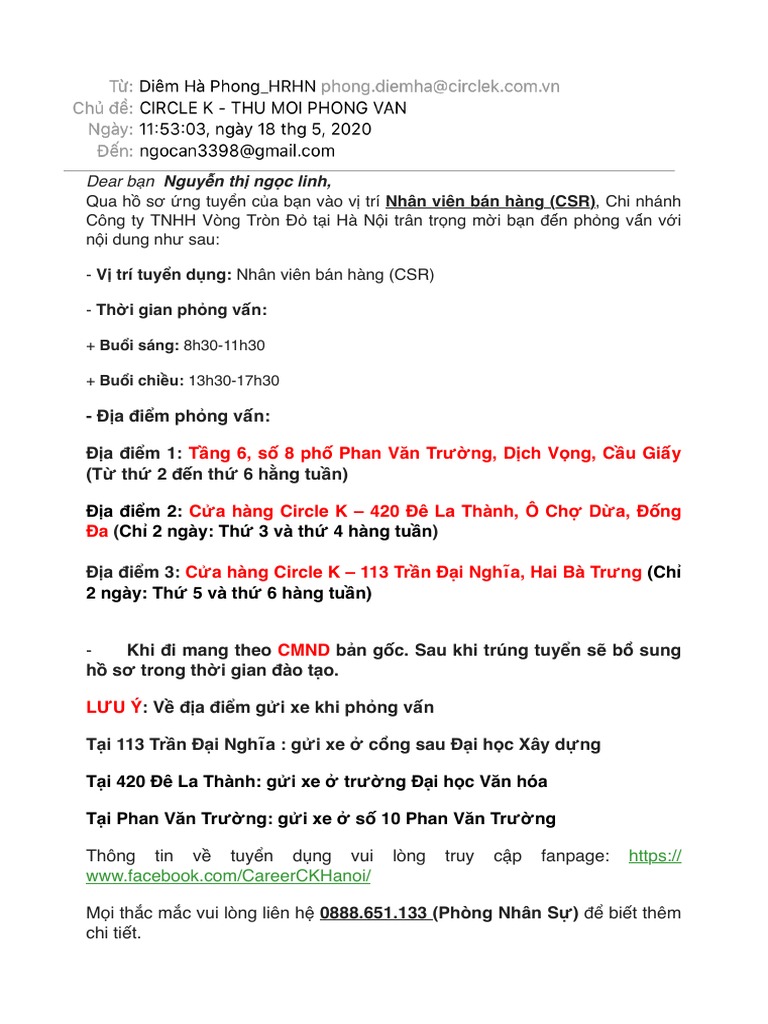 Circle K - Thu Moi Phong Van | PDF