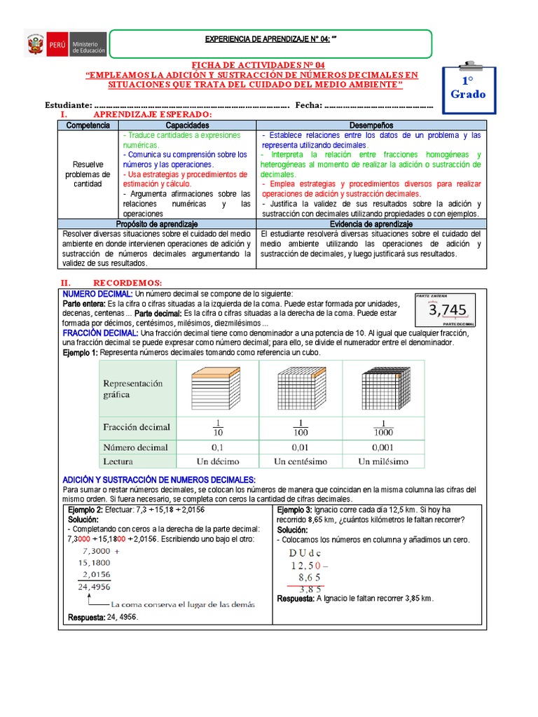 Ficha 4 - 1ero - Exp 4 | PDF | Sustracción | Aprendizaje