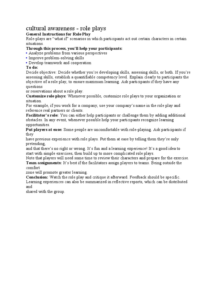 Role Play Guidelines for Cultural Awareness | PDF