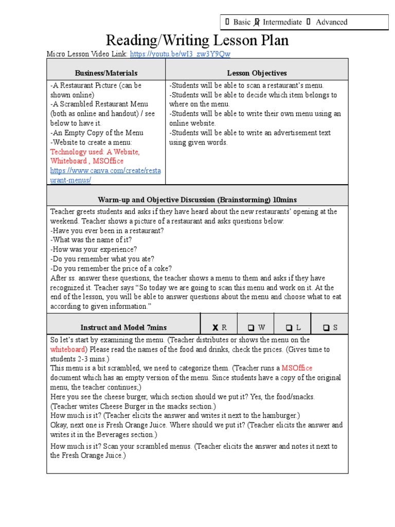 1.edited ReadingWriting Lesson Plan With Technology | PDF | Menu ...
