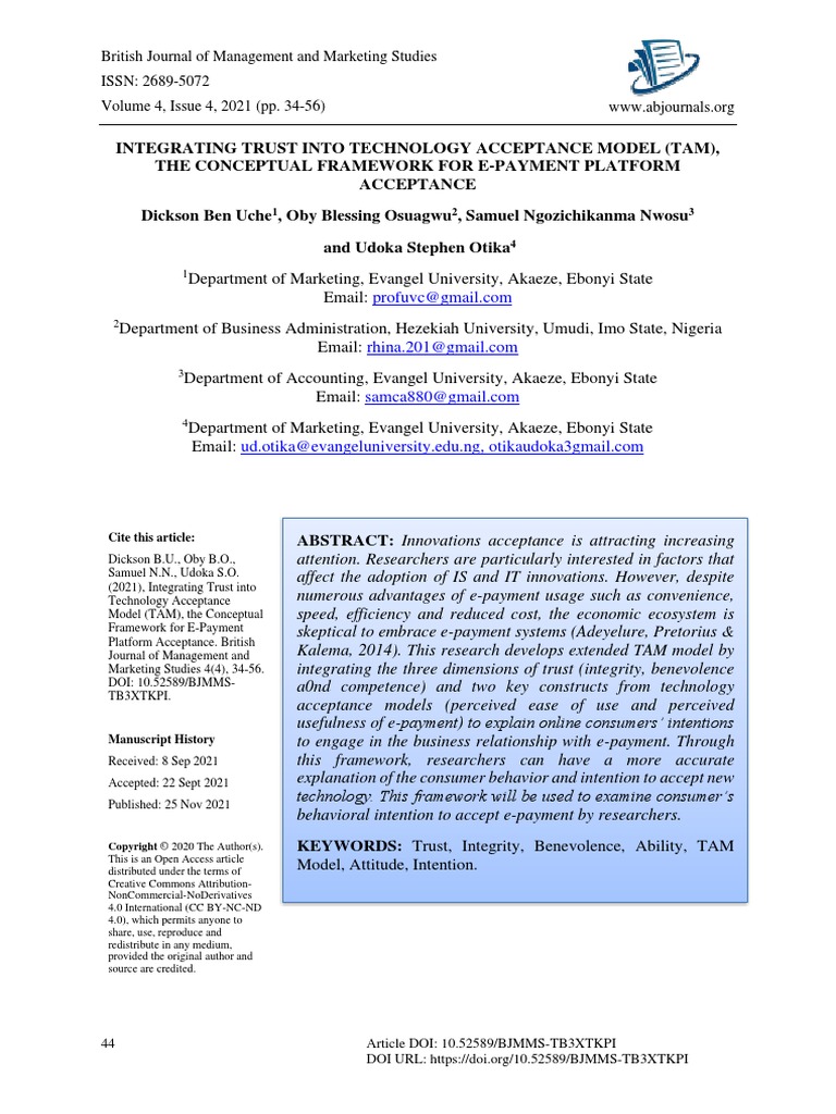 Integrating Trust Into Technology Acceptance Model | PDF | Intention | Attitude (Psychology)