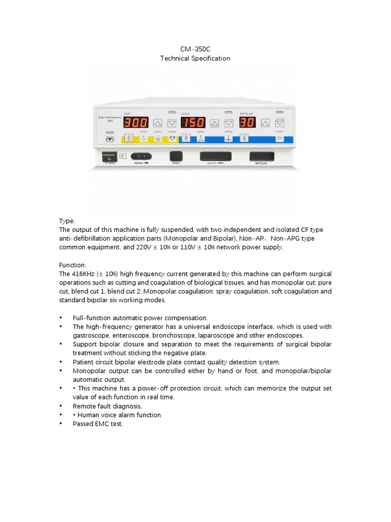 CM-350C Techncial Specification | PDF | High Voltage Direct Current | Coagulation