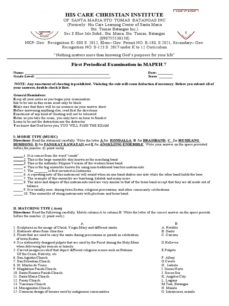 First Periodical Exam - Mapeh 7-TR - Kim - 15 Copies | PDF