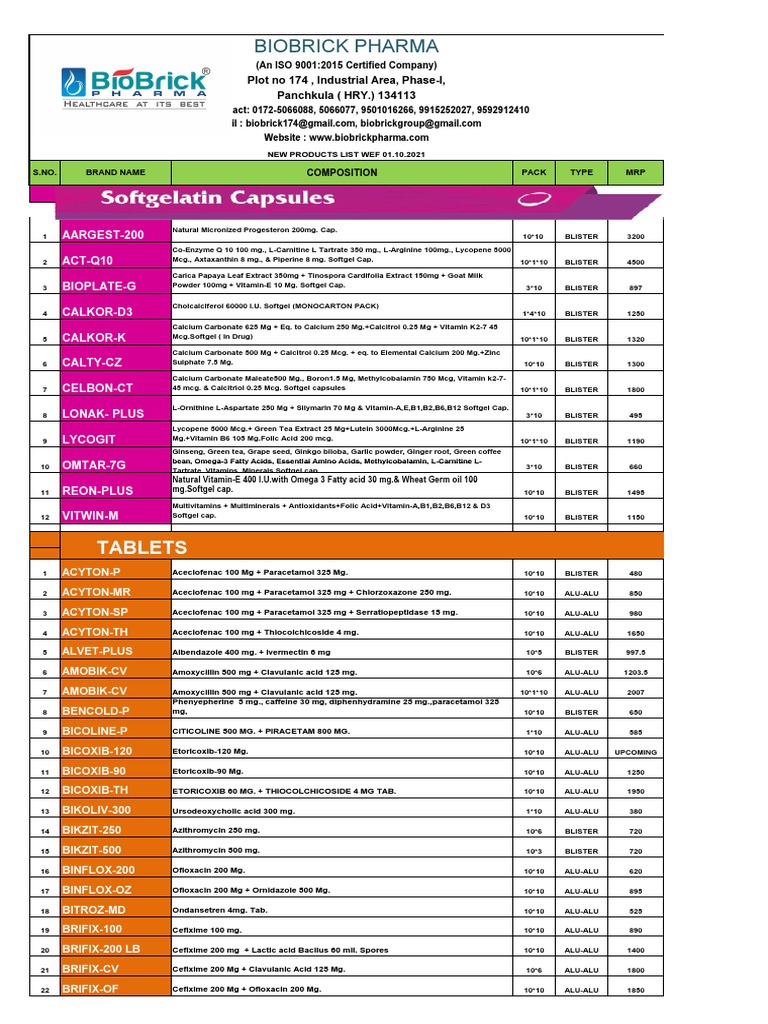 Biobrick Products List | PDF | Magnesium | Drugs