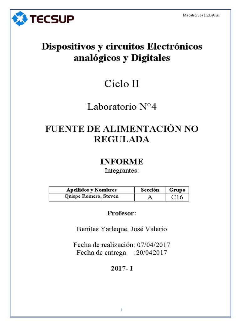 Lab04 - C16A - Quispe Romero, Steven | PDF | Rectificador | Corriente ...