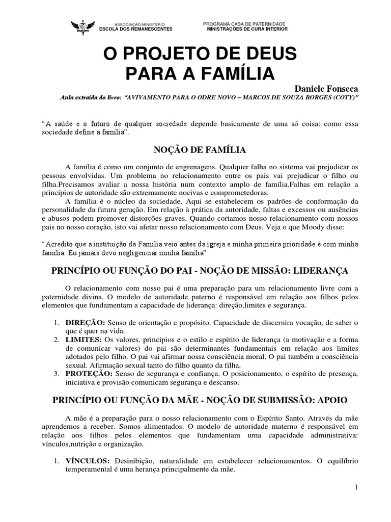 Aula 06 O Projeto De Deus Para A Família Pdf Família Liderança