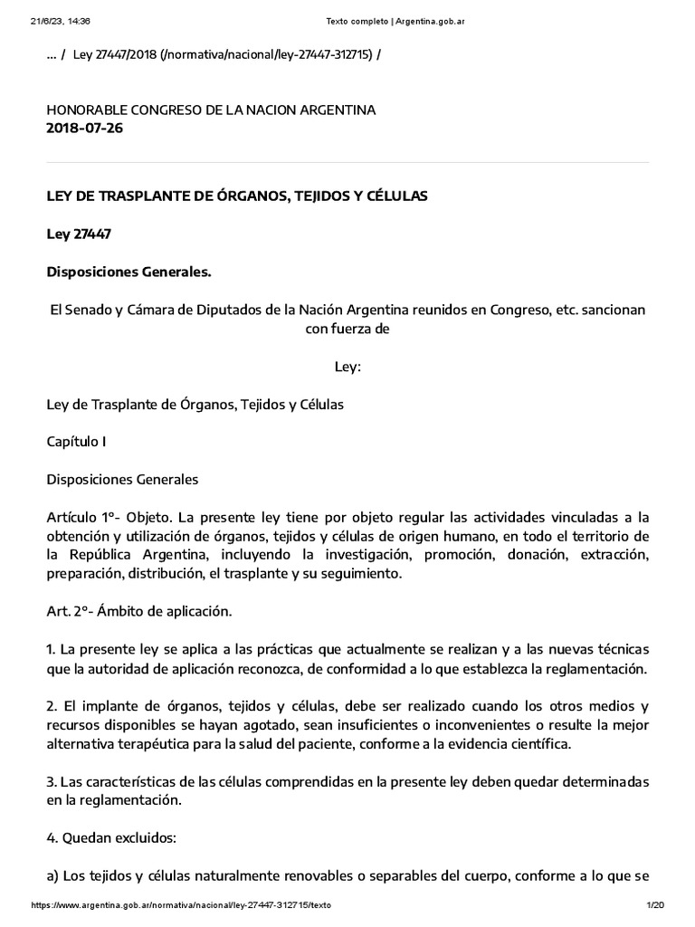 Texto Completo Ley 27447 - Argentina - Gob.ar | PDF | Transplante de ...