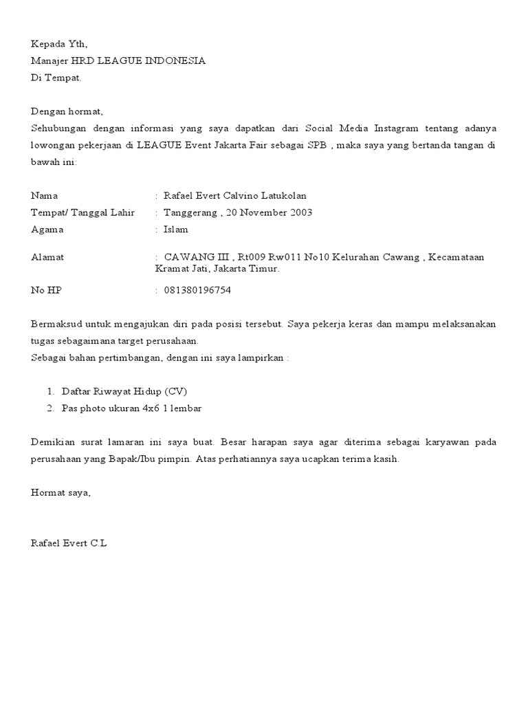 Surat Lamaran Kerja SPB di LEAGUE | PDF | Karier & Perkembangan