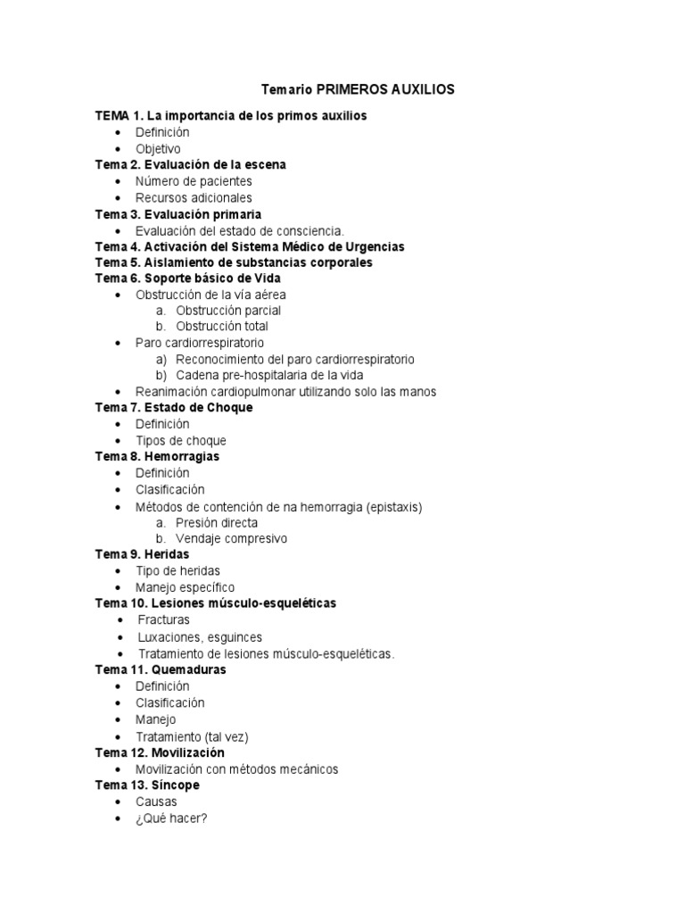 Temario Primeros Auxilios 1 | PDF