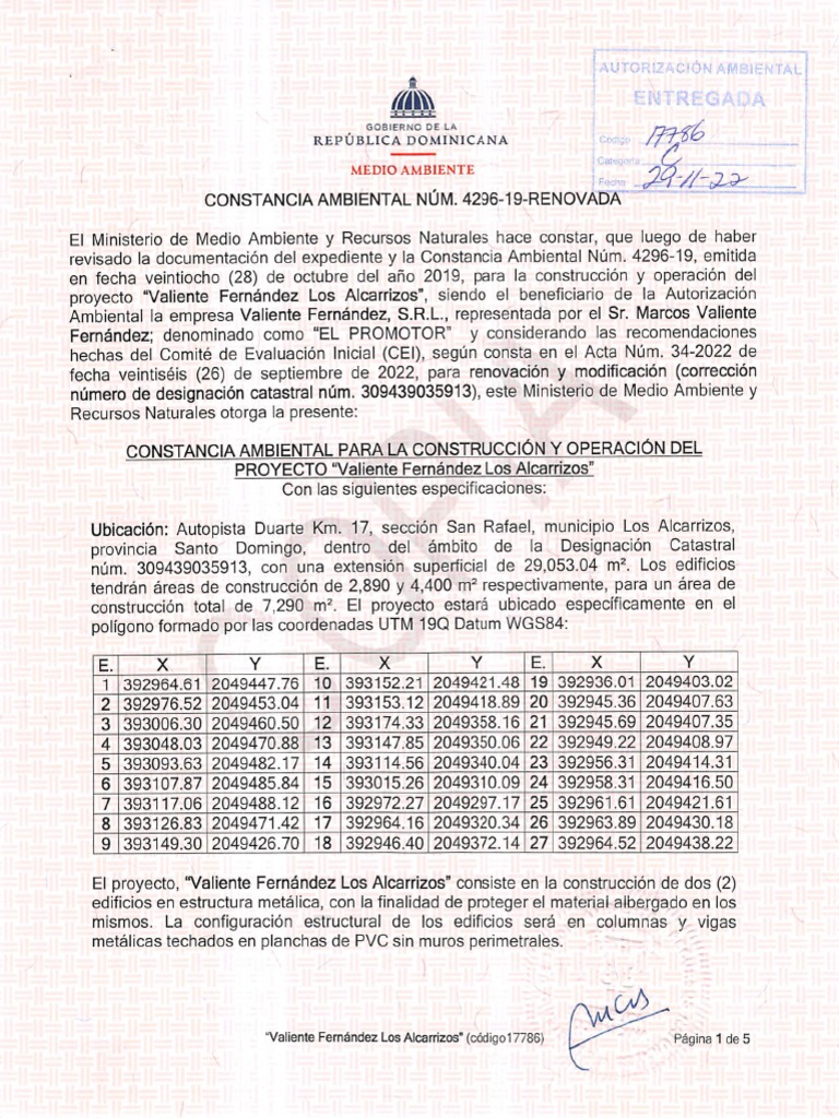 Constancia Ambiental A Favor Del Proyecto Valiente Fernandez Los ...