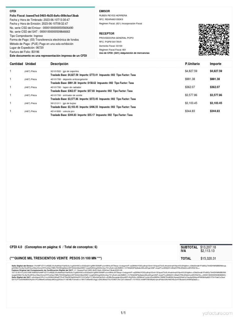 Cantidad Unidad Descripción P.Unitario Importe: (H87) Pieza 32101522 ...
