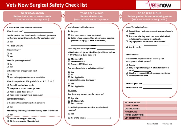 Vets Now Surgical Safety Checklist | PDF | Surgery | Anesthesia