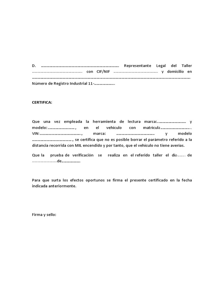 Modelo Certificado Taller Fallo Parametro OBD ITV | PDF