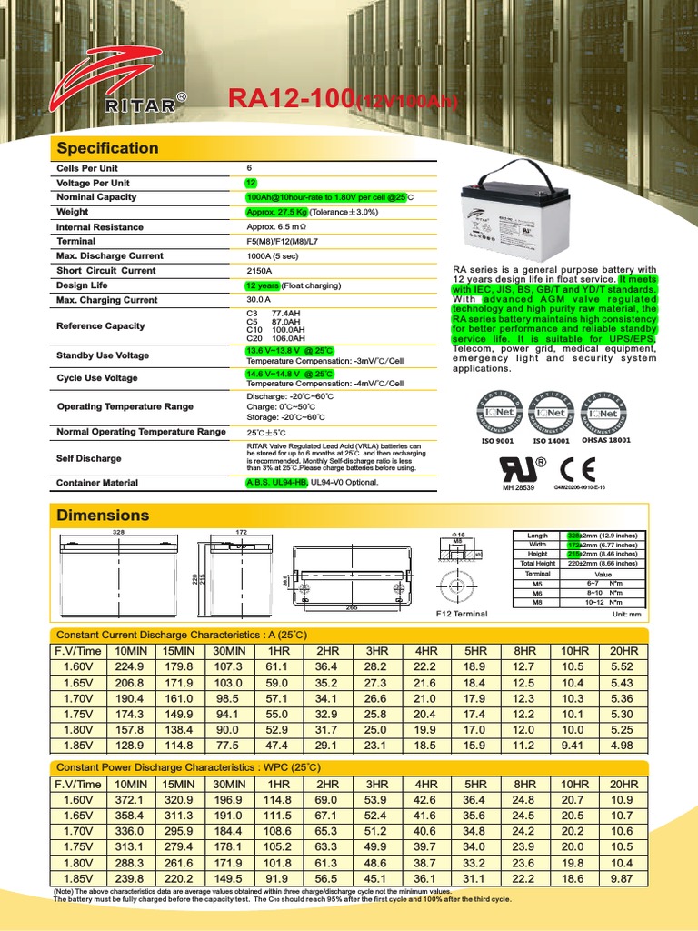 1 Product Data RITTAR Battery RA12-100 | PDF | Electrical Engineering ...