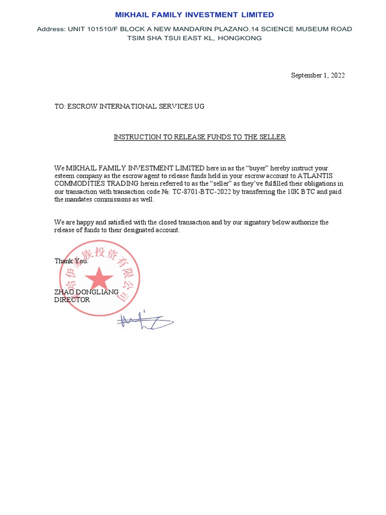 Letter To Release Funds To The Seller | PDF