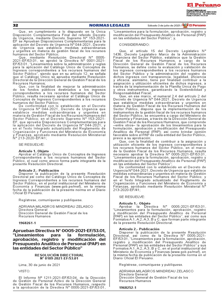RD_0109-2021-EF-53.01_Directiva_0005-2021_PAP | PDF | Presupuesto ...