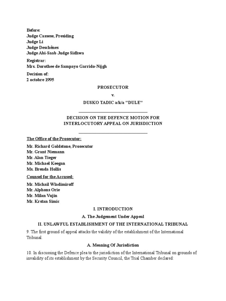 1995 - Caso Tadic - Tribunal Penal Internacional para La Ex Yugoslavia ...