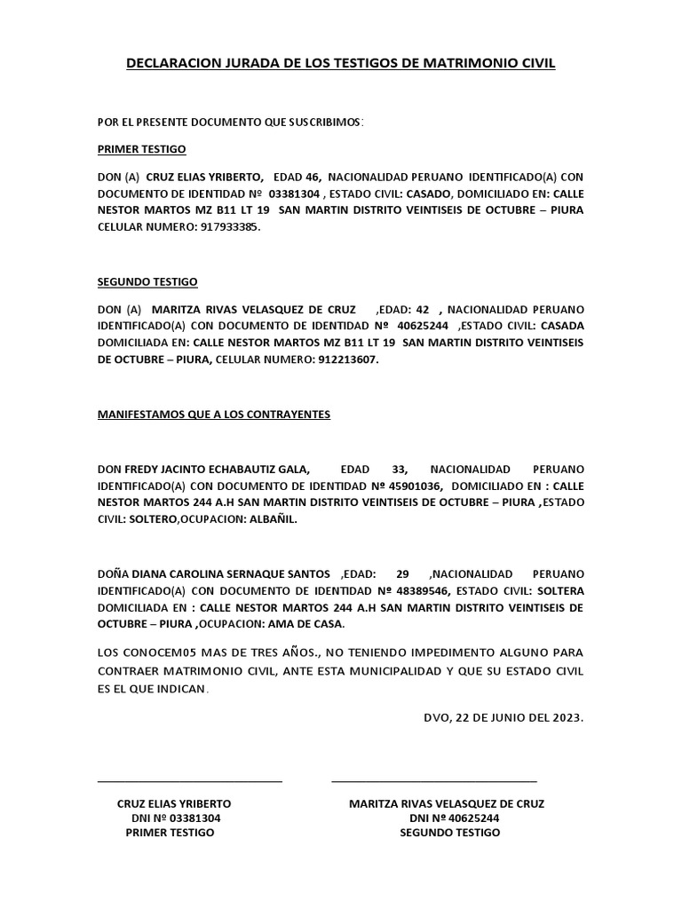 Declaracion Jurada de Los Testigos de Matrimonio Civil | PDF