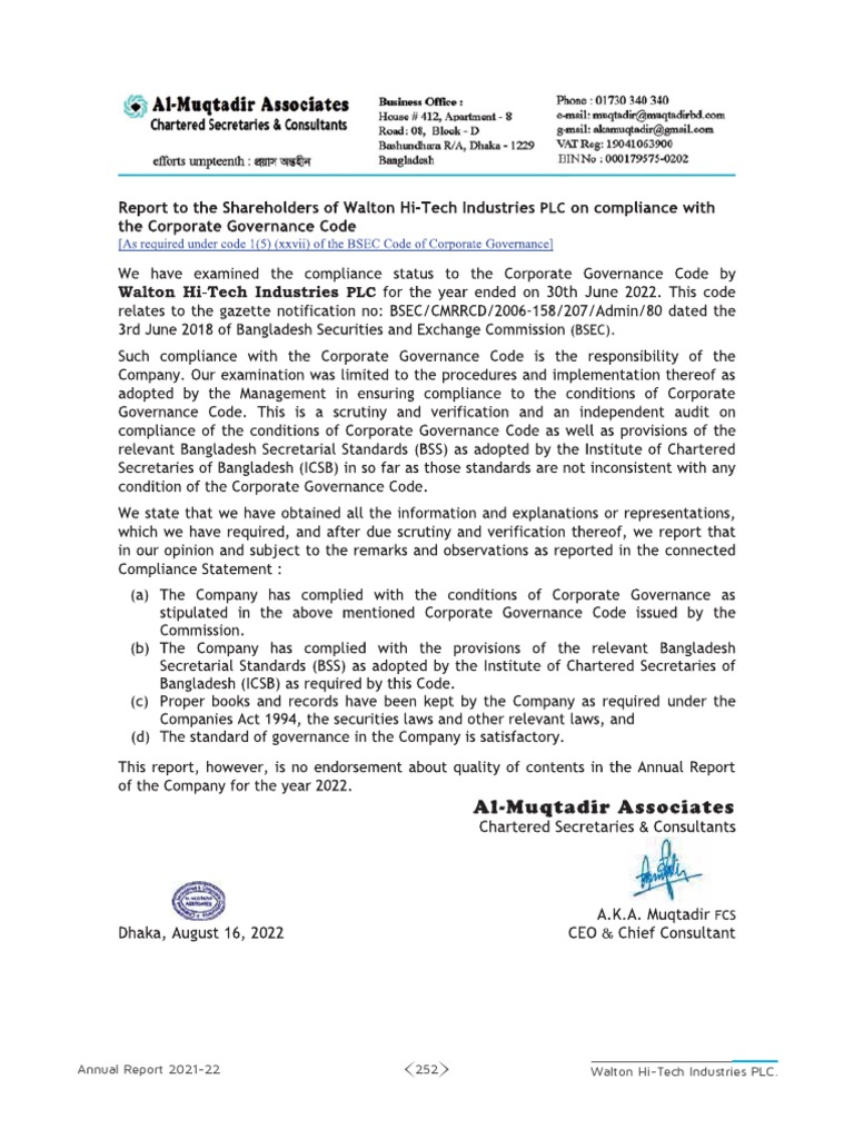 Walton Hi-Tech Industries PLC. 252 Annual Report 2021-22 | PDF | Audit ...