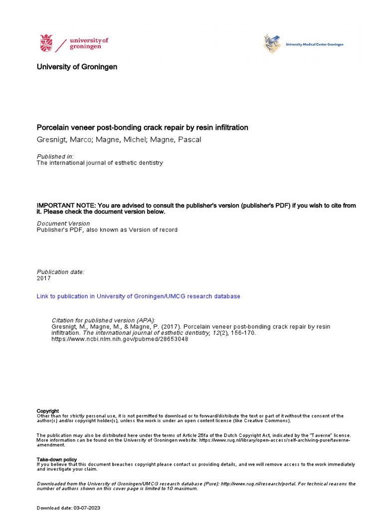 Porcelain Veneer Post Bonding Crack Repair by Resin Infiltration | PDF ...