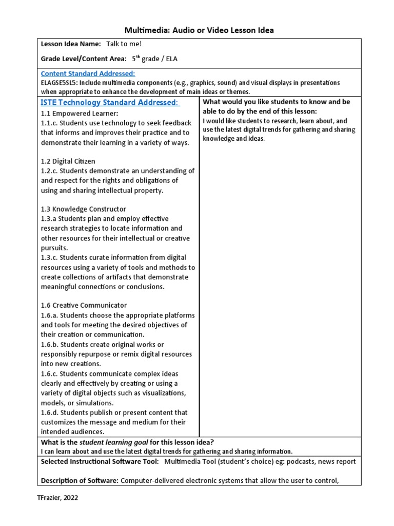 5th grade lesson plan ela | PDF | Multimedia | Learning