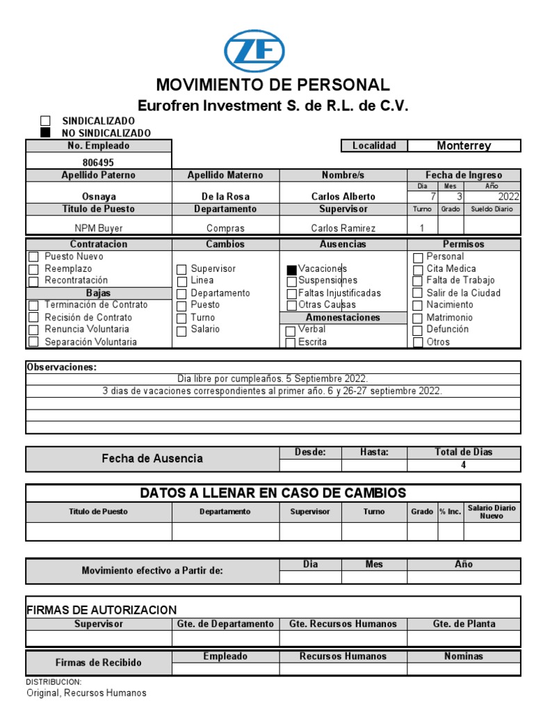 FORMATO de Movimiento de Personal Eurofren_Carlos Osnaya | PDF | Relaciones laborales