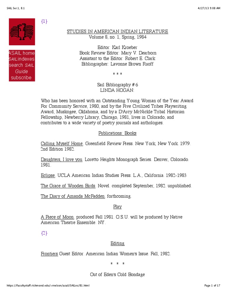 On Linda Hogan: Out of Eden's Cold Bondage by Geoffrey Gardner | PDF