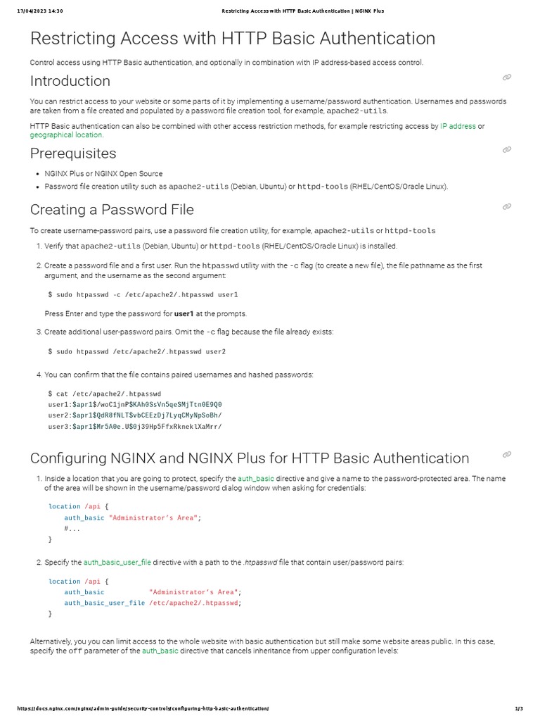 Restricting Access With HTTP Basic Authentication - NGINX Plus | PDF ... Restricting Access With HTTP Basic Authentication - NGINX Plus | PDF ...