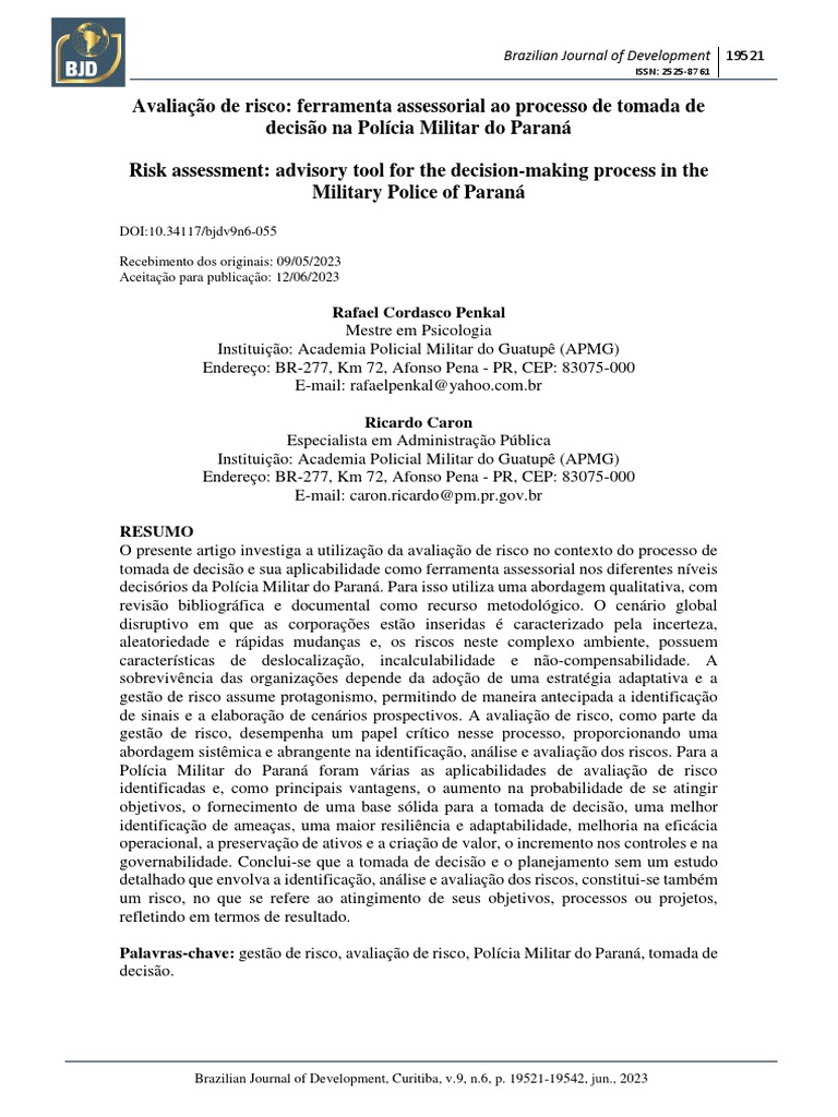 Avaliação de Risco - Ferramenta Assessorial Ao Processo de Tomada de ...