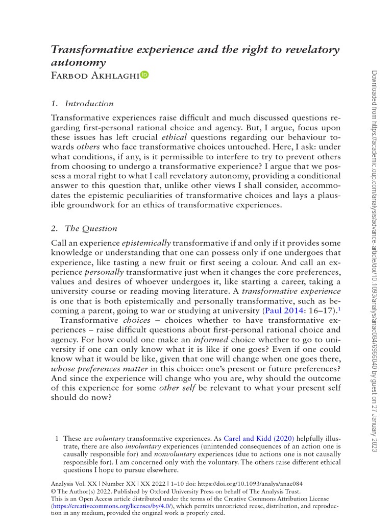 Transformative Experience and The Right To Revelatory - Autonomy - Farbod Akhlaghi | PDF ...