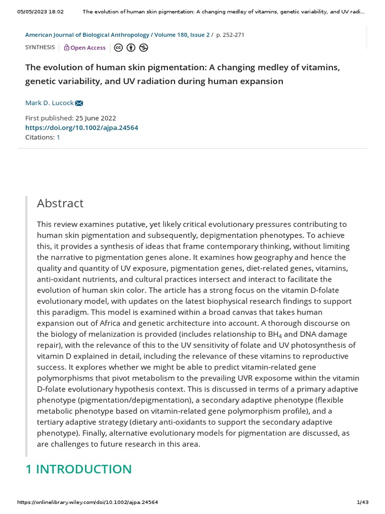 The Evolution of Human Skin Pigmentation: A Changing Medley of Vitamins, Genetic Variability ...