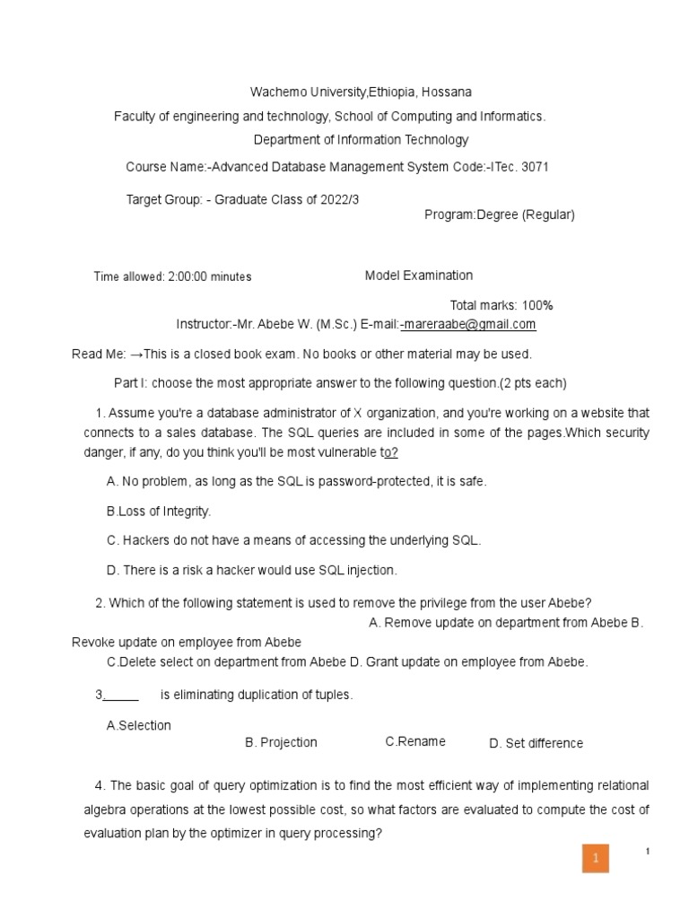 Advanced Database MCQ Worksheet For Exit Exam 2015@ | PDF | Relational Model | Database Transaction