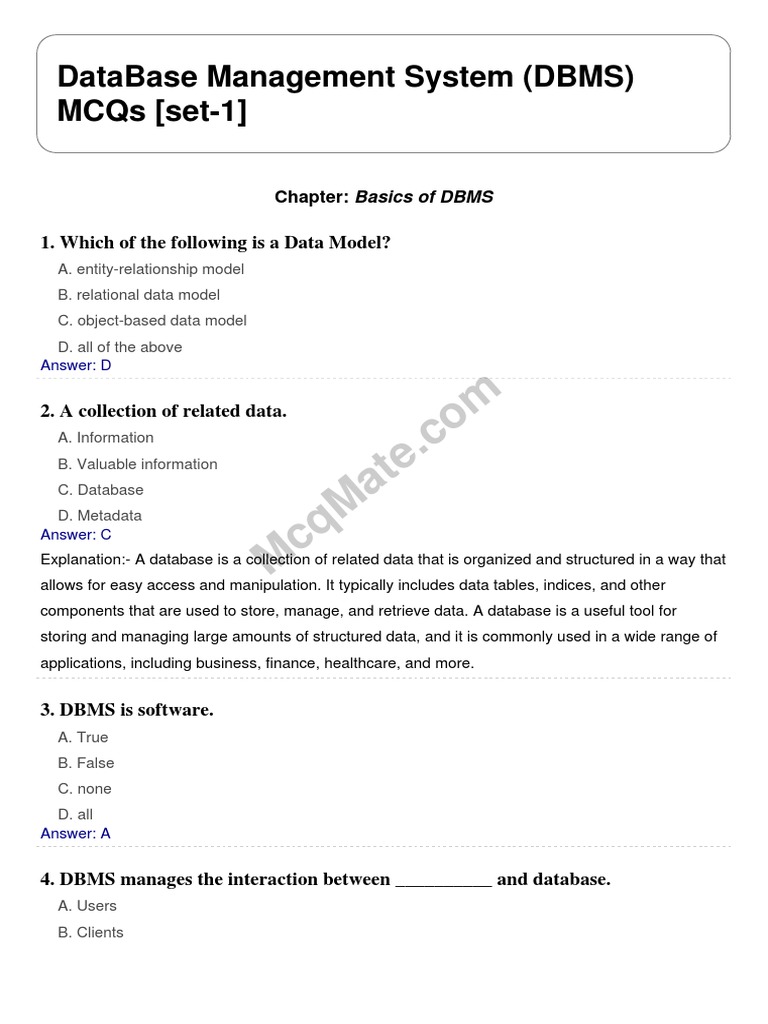 Database Management System Dbms Set 1 Mcqmate.com | PDF | Databases | Data Model