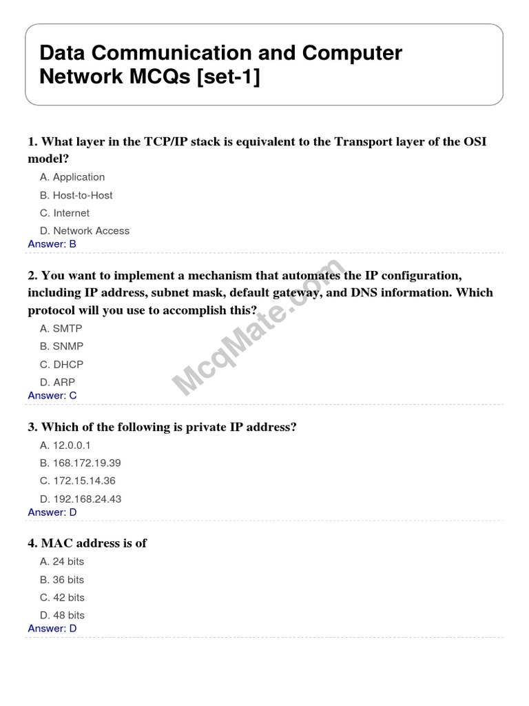 Data Communication MCQs Set 1 | PDF | Computer Network | Internet Protocols