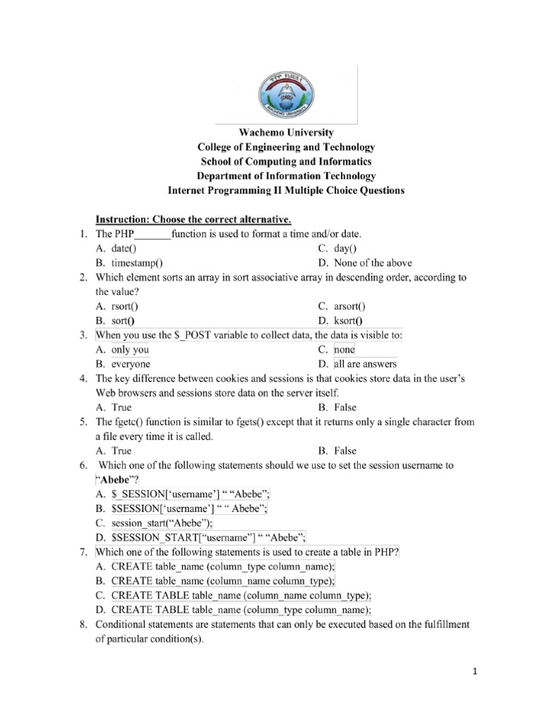 Internet Programming-II - MCQ Worksheet For Exit Exam 2015@ | PDF