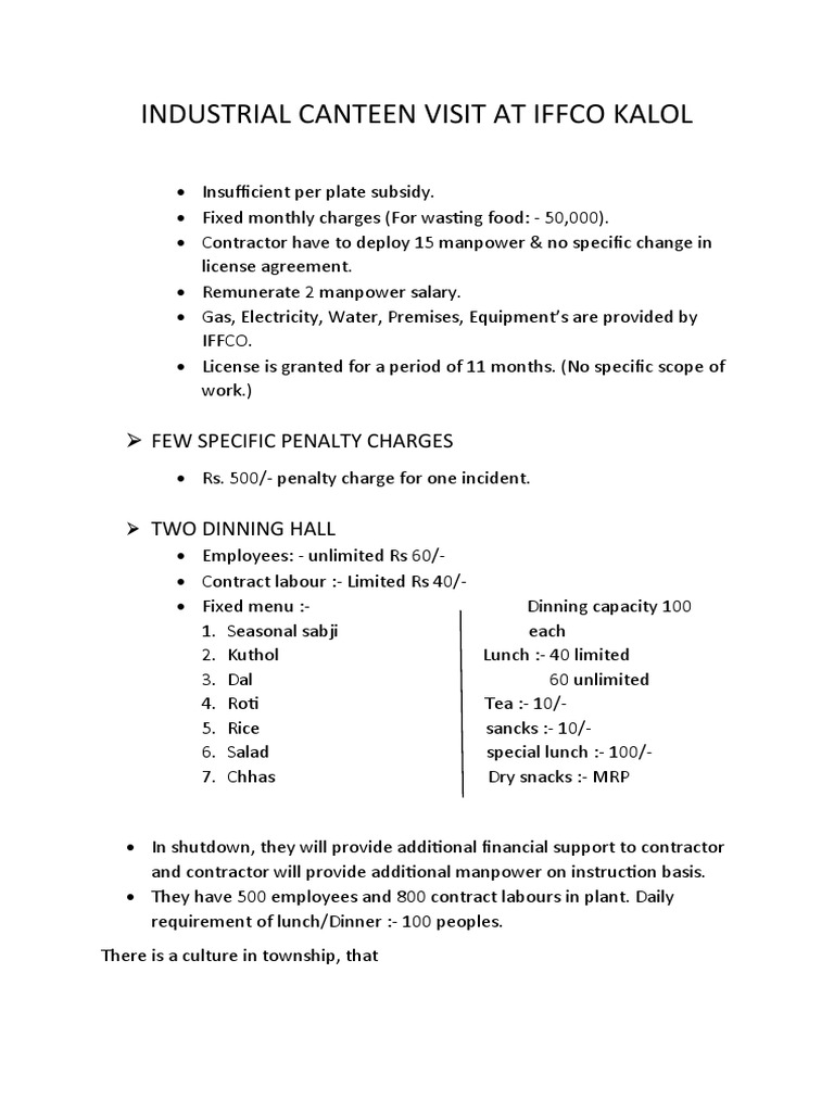 INDUSTRIAL CANTEEN VISIT AT IFFCO KALOL | PDF