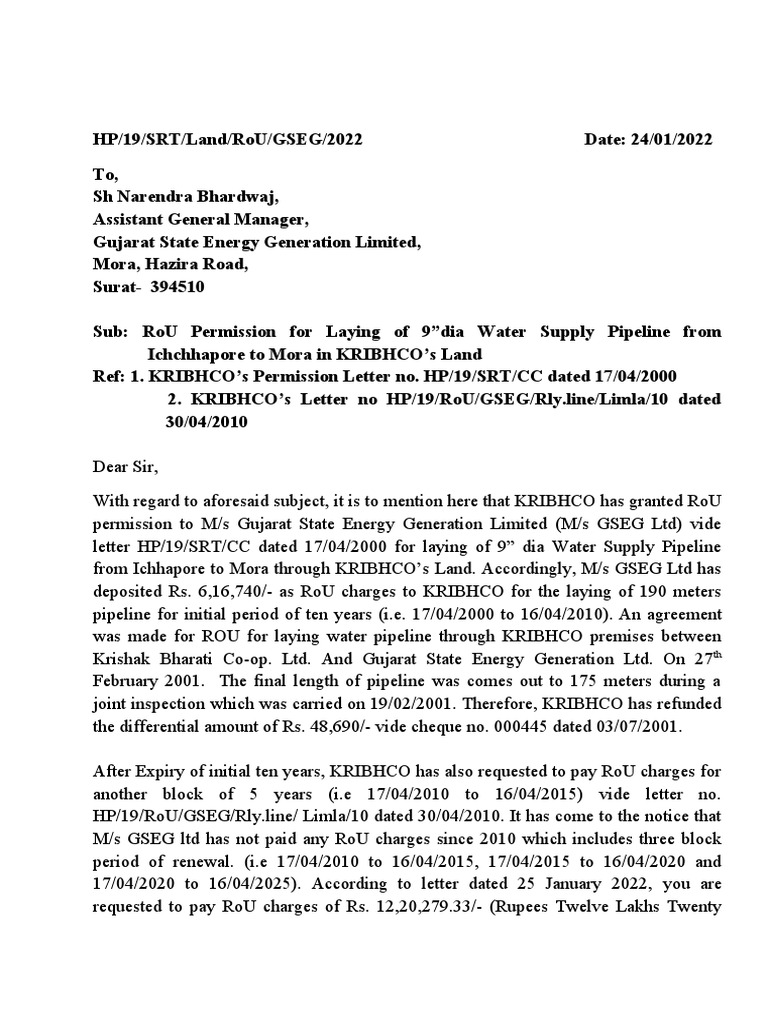 Letter - RoU Permission To GSEG Water Pipeline | PDF | Government ...