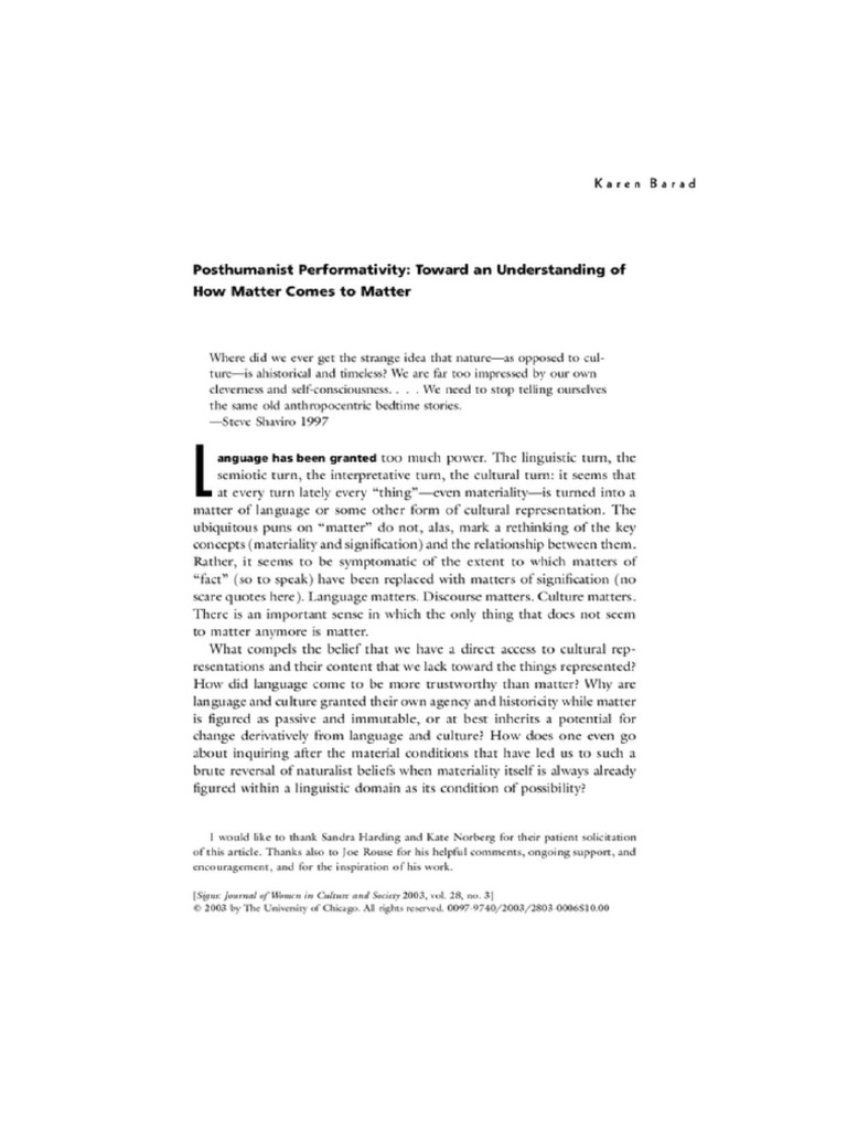 Karen Barad - Posthumanist Performativity | PDF