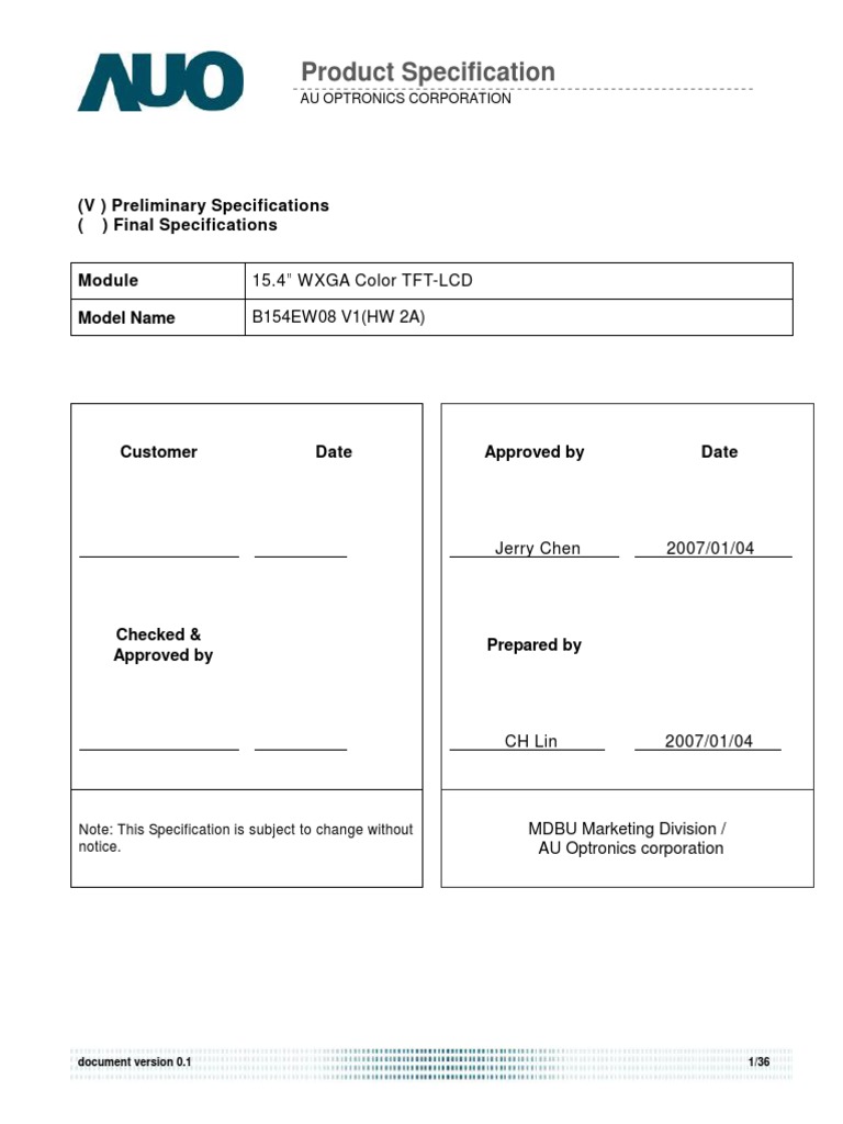 Матрица B154EW08 V1 | PDF | Liquid Crystal Display | Thin Film ...
