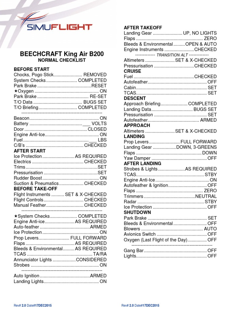 BE20 - Normal Checklist (Rev#2.0) (2015.12.17) | PDF | Landing Gear ...