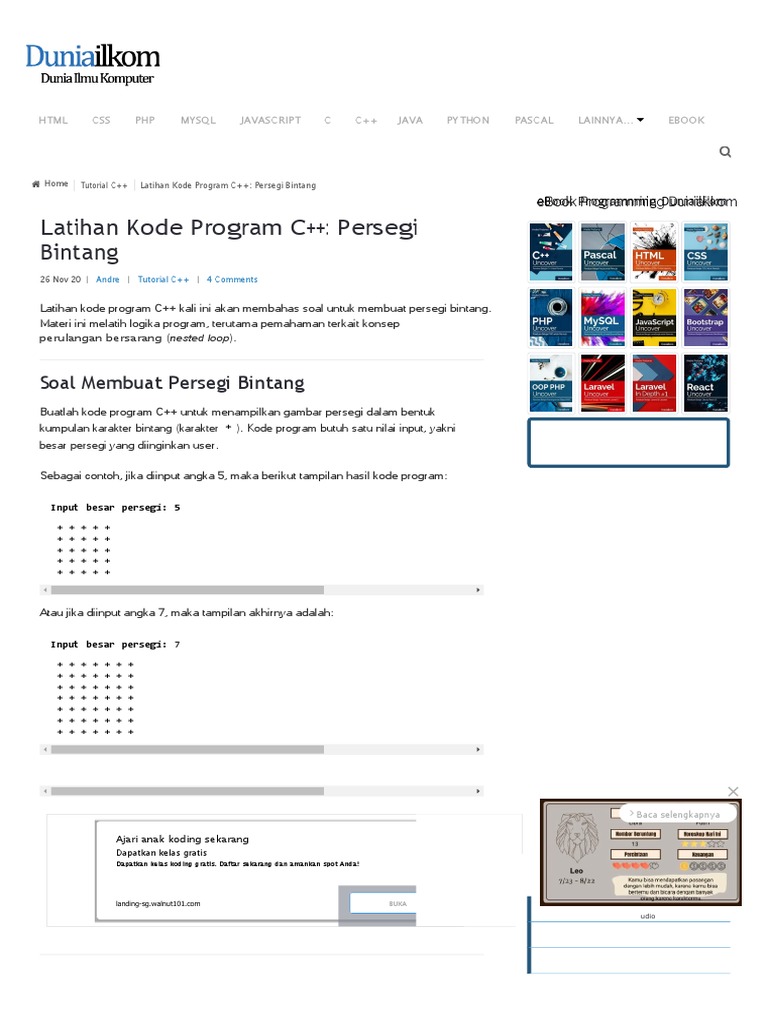 Latihan Kode Program C++ - Persegi Bintang - Duniailkom | PDF | Komputer | Metode & Bahan Ajar