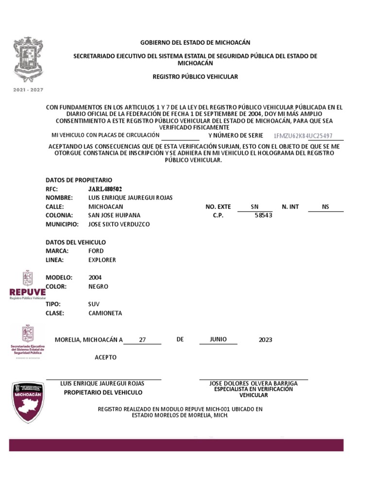 Formato Repuve | PDF | Vehículos terrestres | Industria automotriz