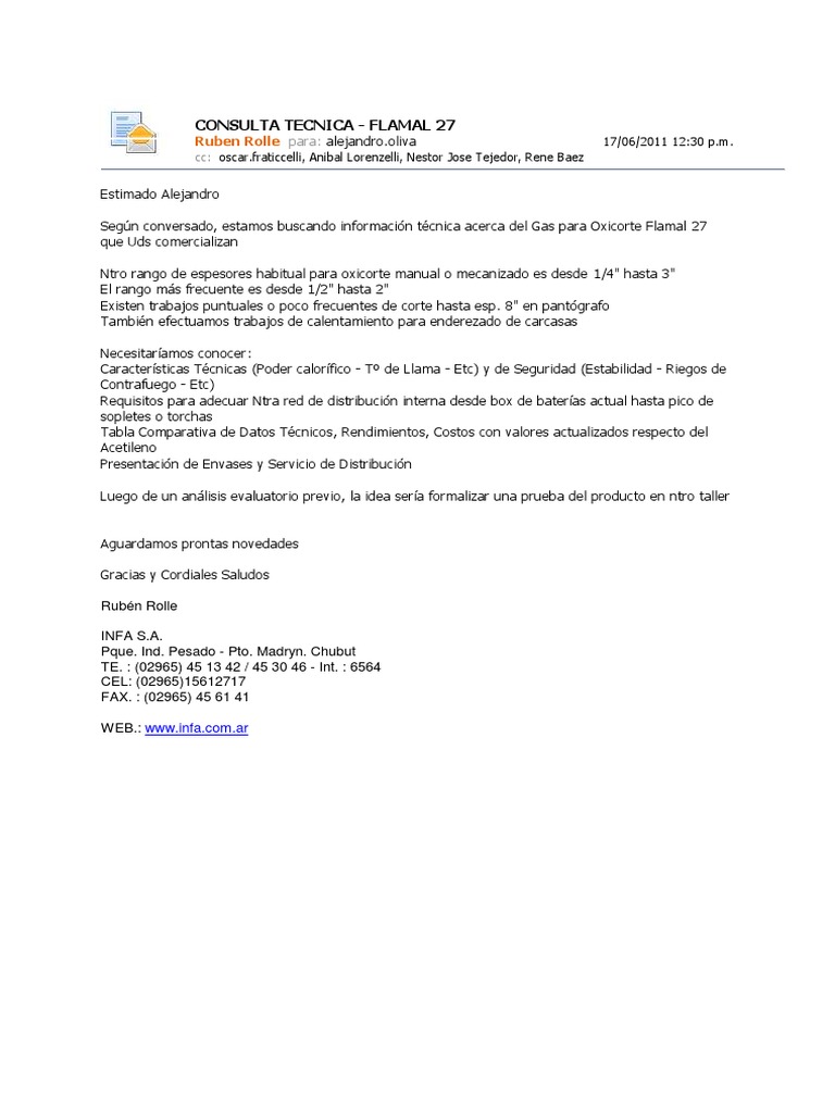 Consulta Técnica sobre Gas Flamal 27 | PDF
