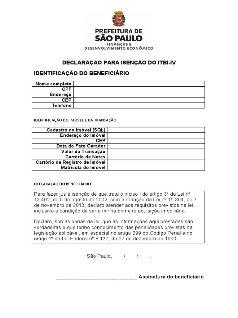 Declaracao Isencao Itbi IV 1612985801 | PDF