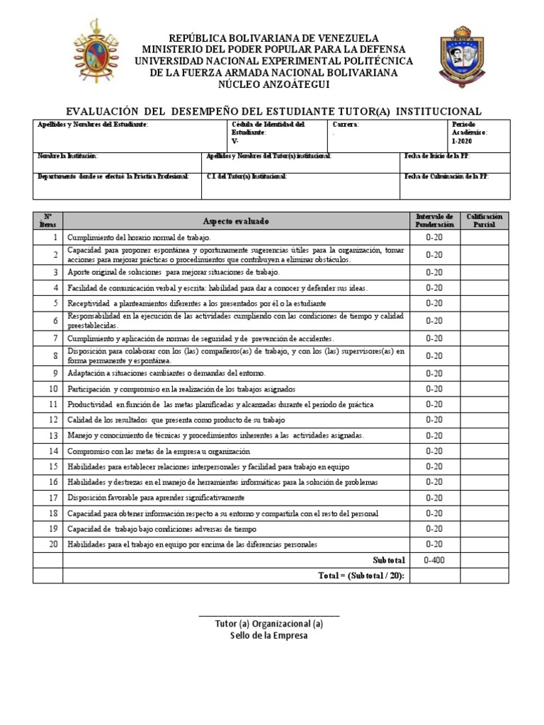 15.-Evaluación Del Desempeño Tutor Institucional 1-2020 | Descargar gratis PDF | Evaluación