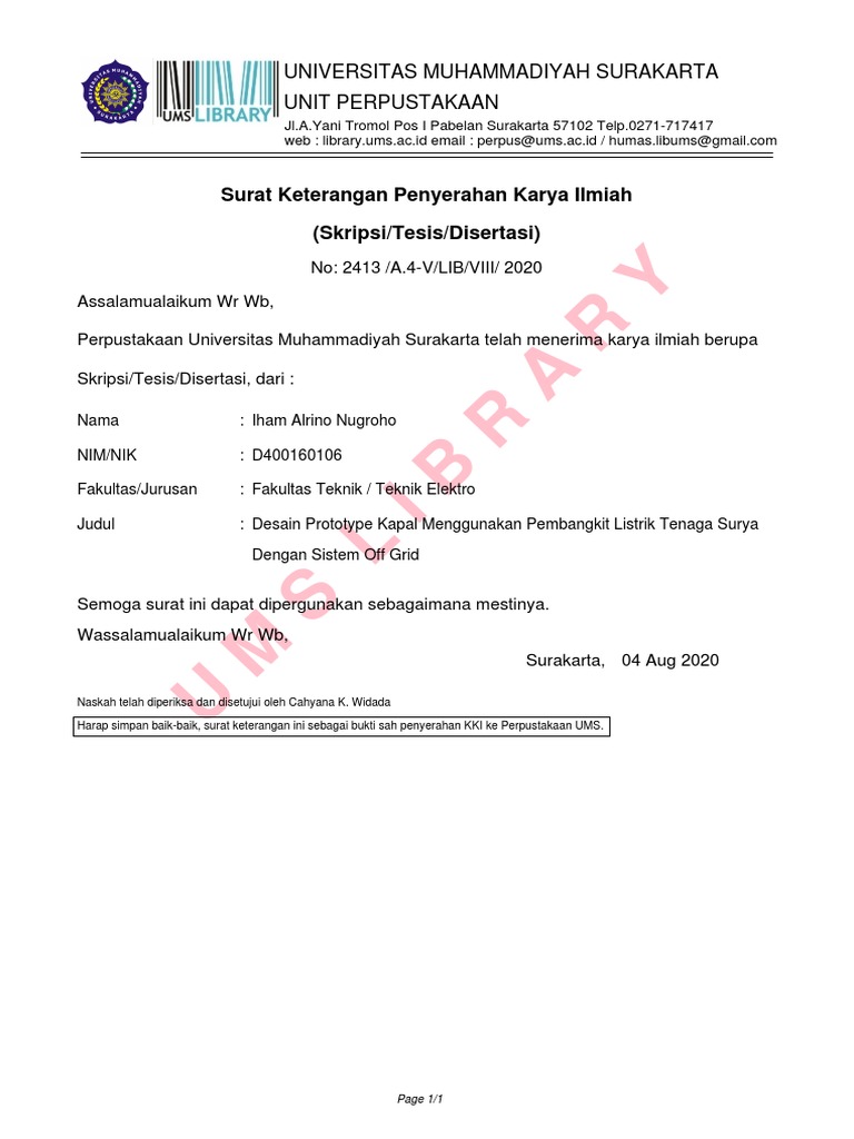 Surat Penyerahan Karya Ilmiah UMS | PDF