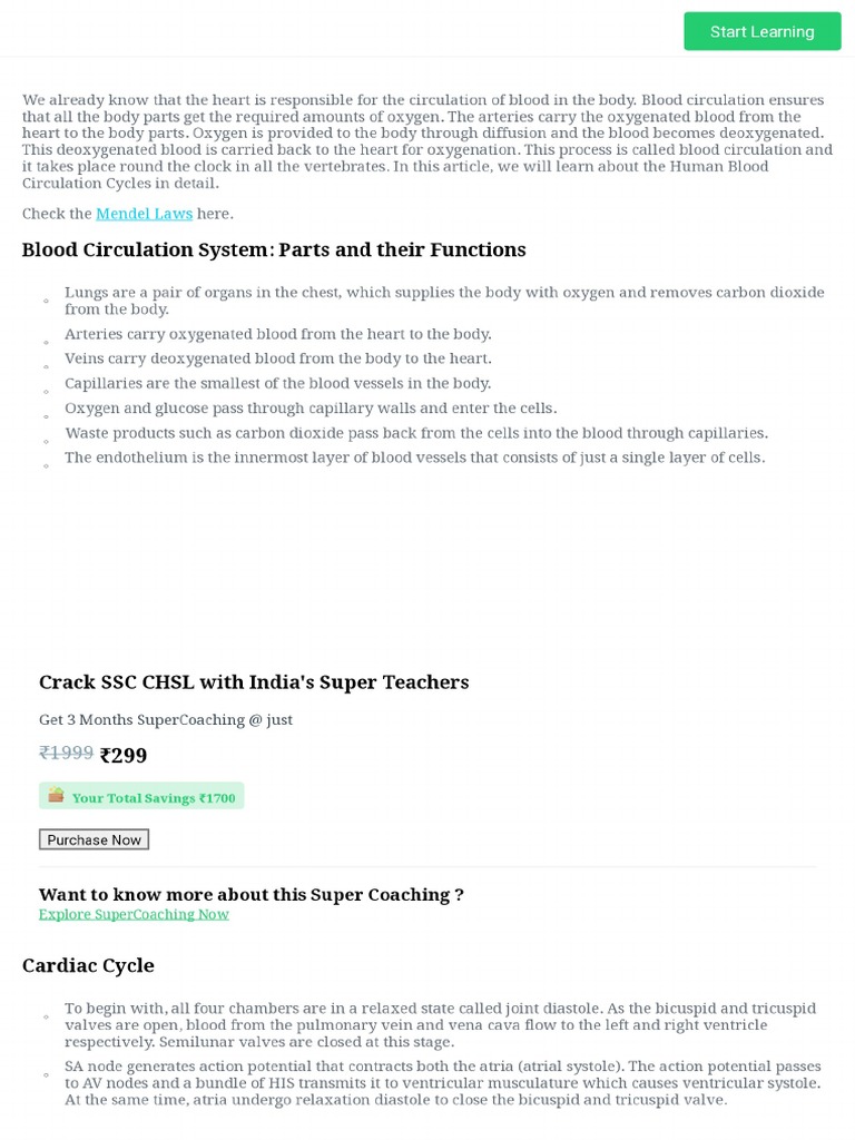 Human Blood Circulation - Parts, Their Functions, Cardiac Cycle & ECG | PDF