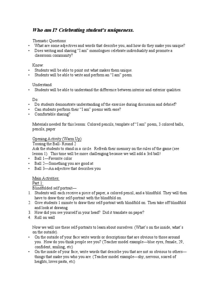 I AM - Lesson Plan and Monologue | PDF | Cognitive Science | Cognition